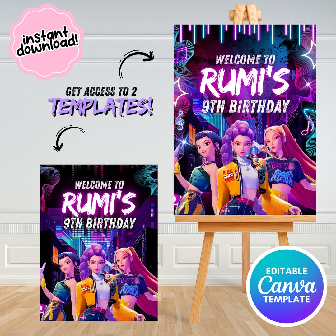 Kpop Demon Hunter Birthday Welcome Sign | Editable Canva Template ...