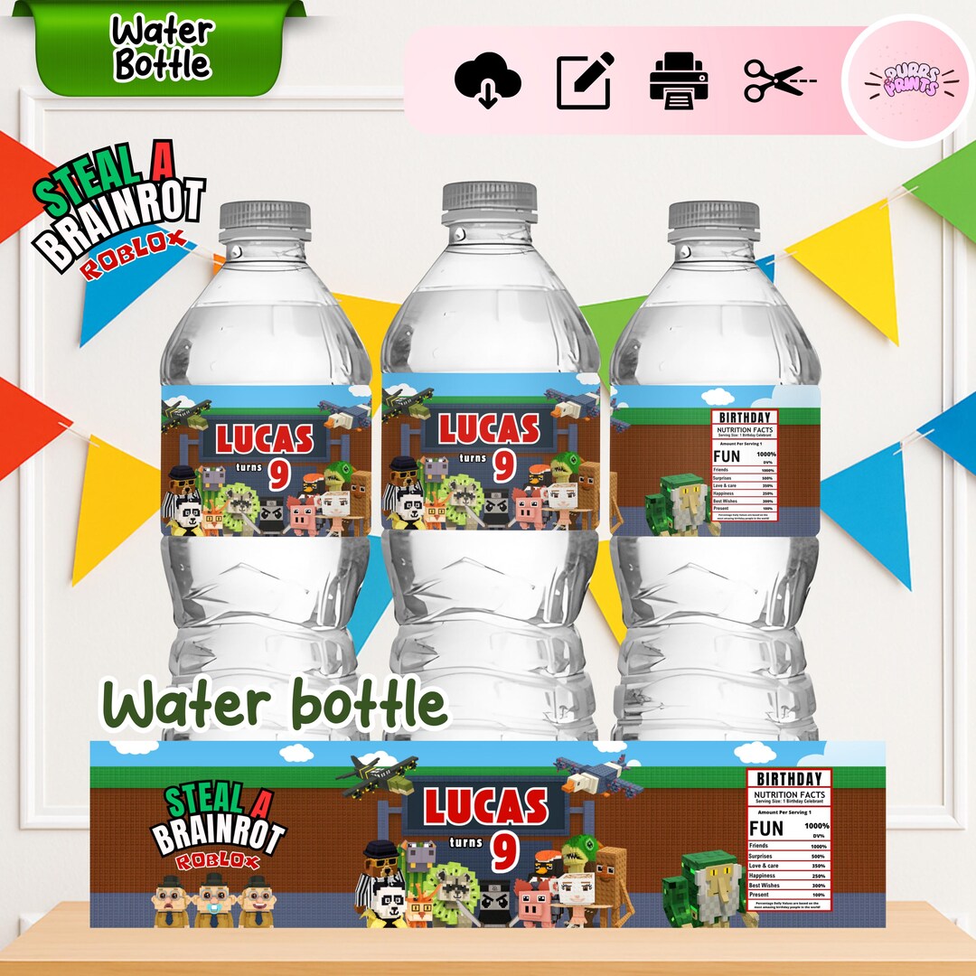 Roblox Steal a Brainrot Water Bottle Labels | Printable Favor Box ...