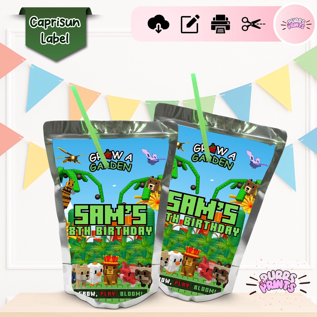 Editable Roblox Grow a Garden Birthday Party Favor Tags, Blox Caprisun ...