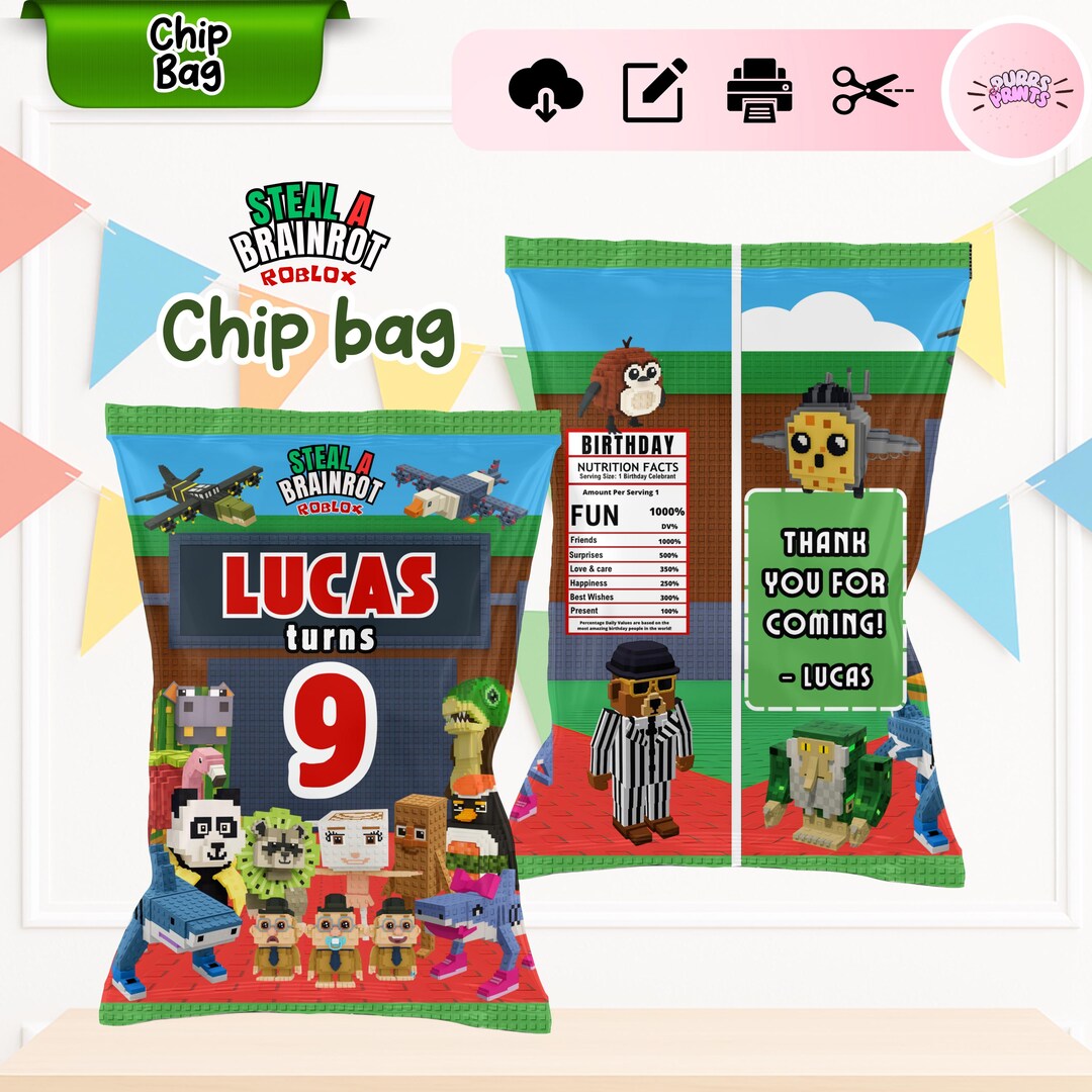 Roblox Steal a Brainrot Chip Bag Labels | Printable Favor Box Stickers ...