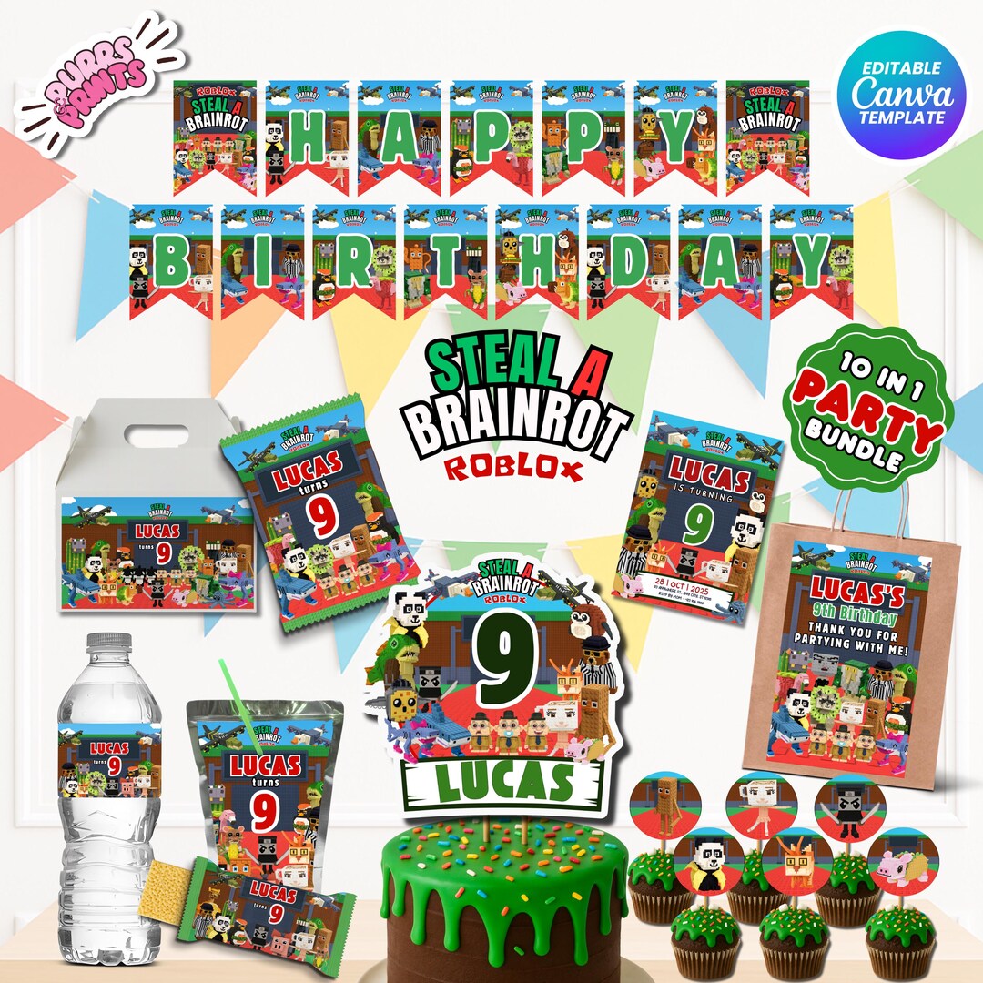 Editable Roblox Brainrot Birthday Party Printables 10in1 Bundle, Canva ...