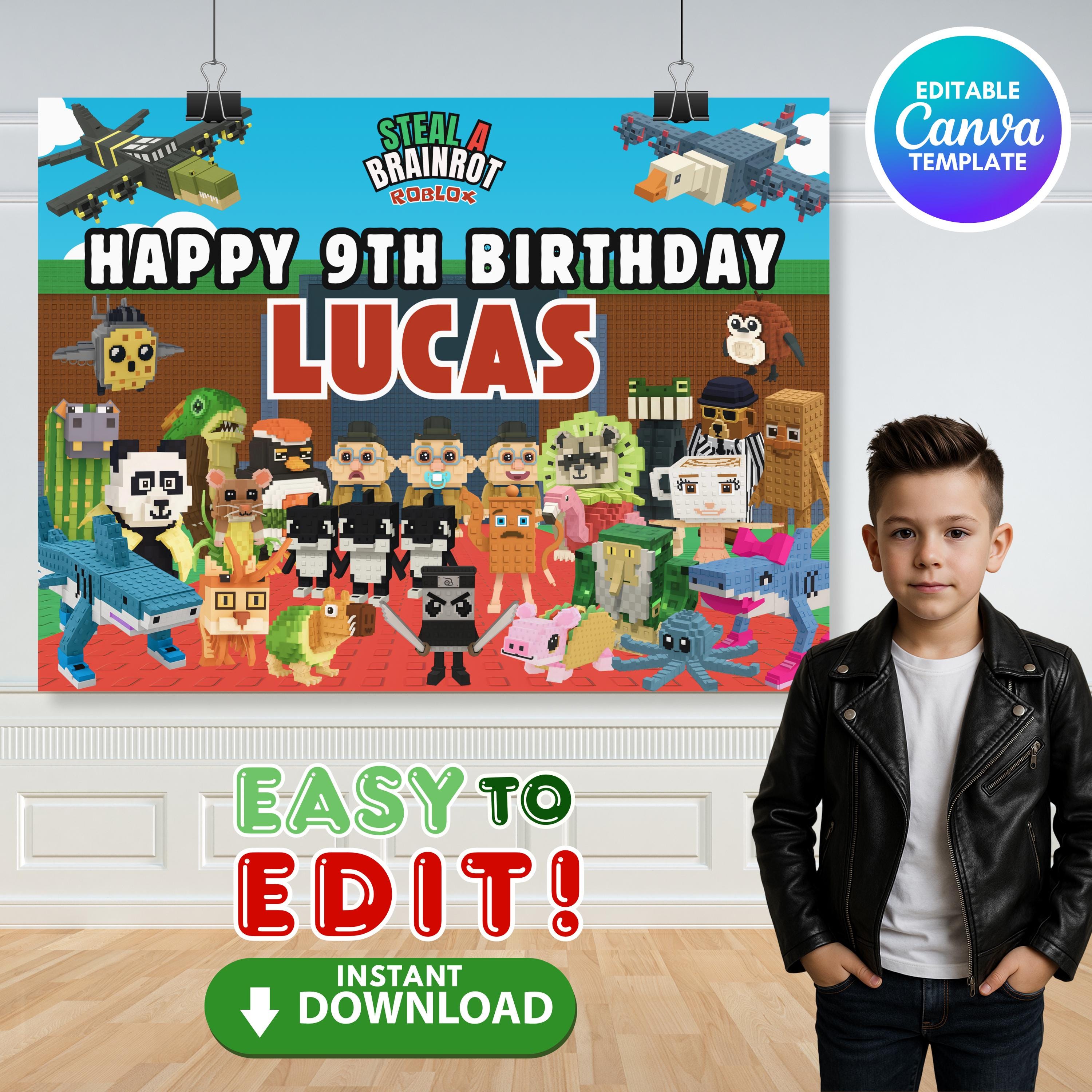 Roblox Steal a Brainrot Birthday Banner: Gamer Party Backdrop, Instant ...