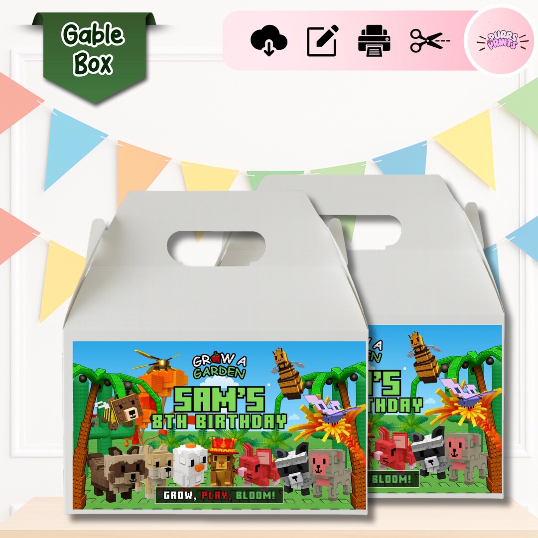 Editable Roblox Grow a Garden Birthday Party Favor Tags, Blox Gable Box ...