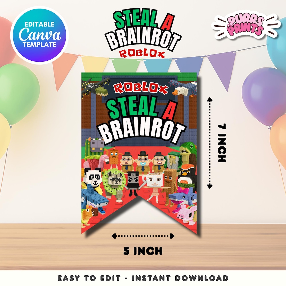 Editable Roblox Brainrot Birthday Pennants, Printable, Blox Party Favor ...
