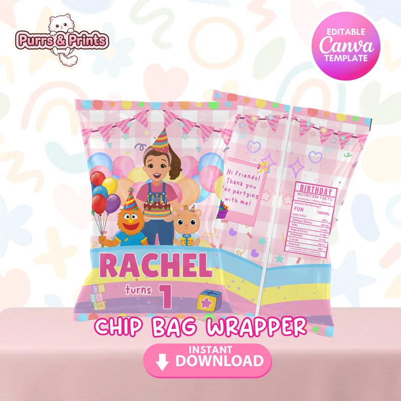 Ms Rachel Chip Bag Wrapper | Printable Pink Party Favors | Editable ...