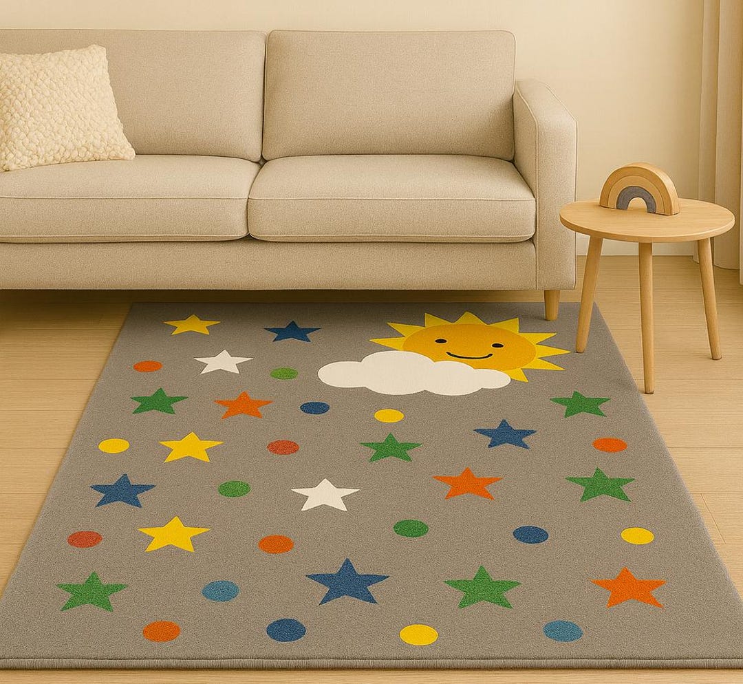 Hand-tufted Kids Rug – Smiling Sun, Cloud & Colorful Stars Design - Etsy