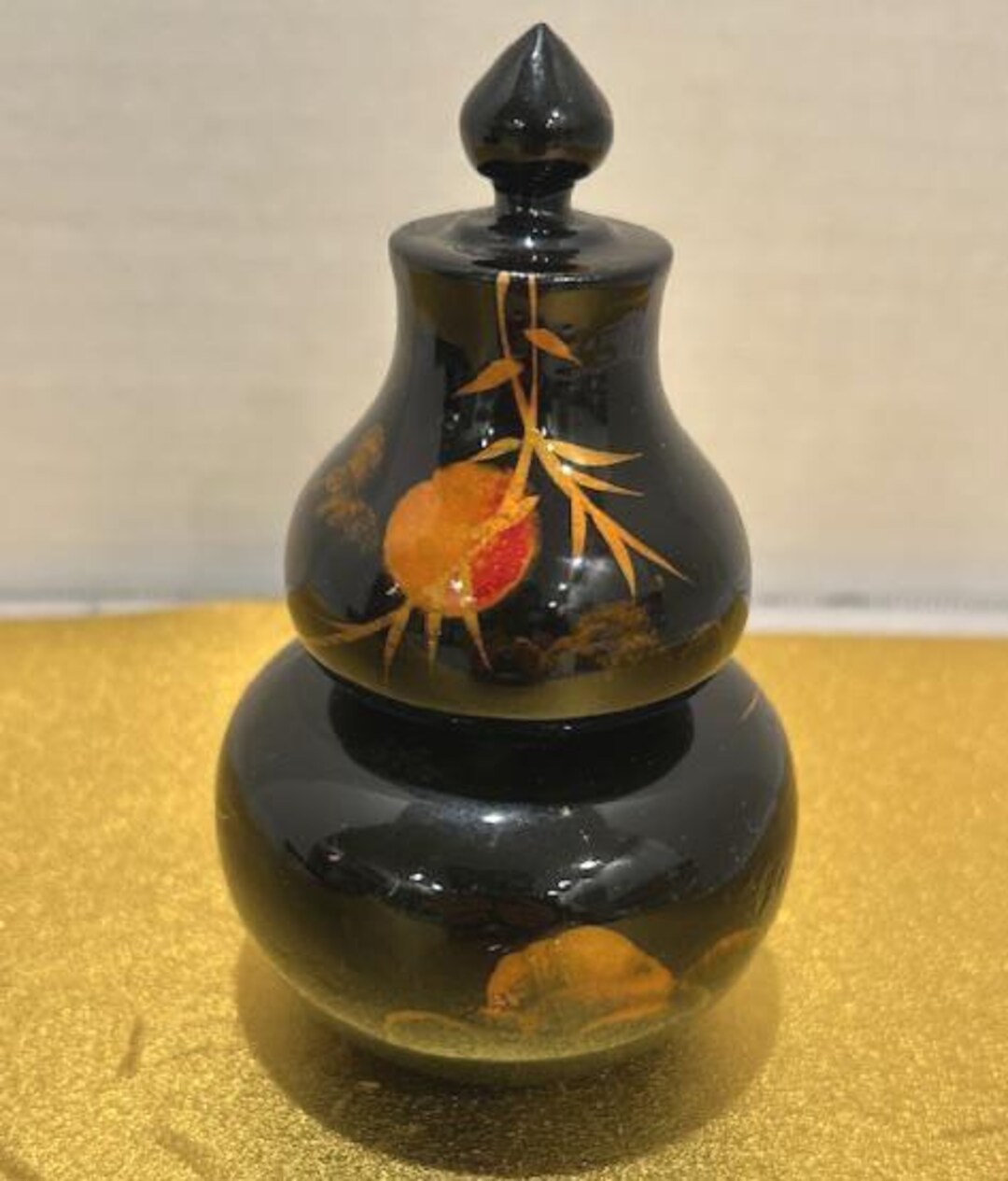 Vintage Vietnamese Black Lacquer Jar With Hand-painted Gold and Orange ...