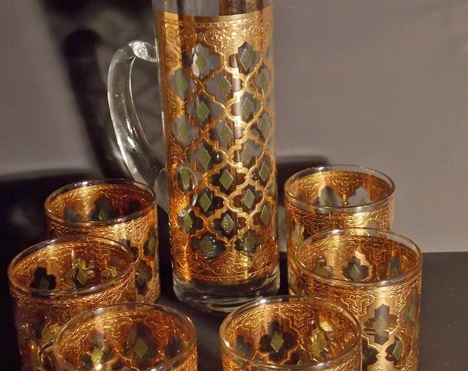Vintage Valencia Culver Set of Gold Leaf Glassware and Pitcher - Etsy