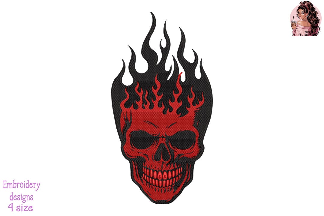 Crimson Inferno Skull Embroidery Design, Flaming Skull Machine ...