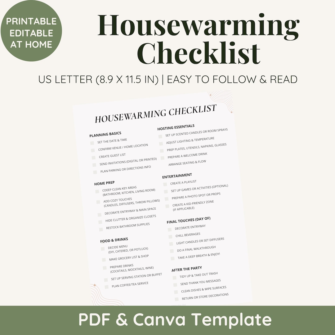 Custom Minimalist Housewarming Checklist Printable Party Planner Simple ...