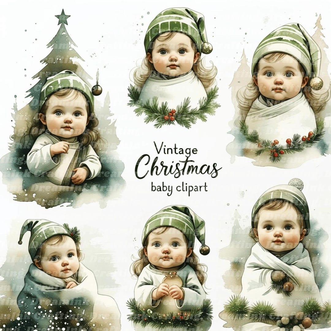 12 Christmas Baby Clipart, Vintage Baby Clipart, Printable Watercolor ...