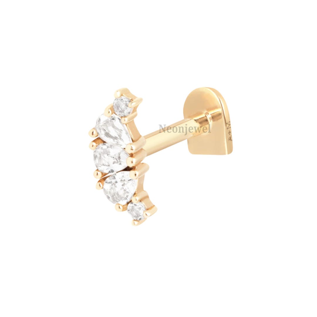 14K Gold Curved Pear Cluster Gold Labret, Minimal Conch Helix Piercing ...