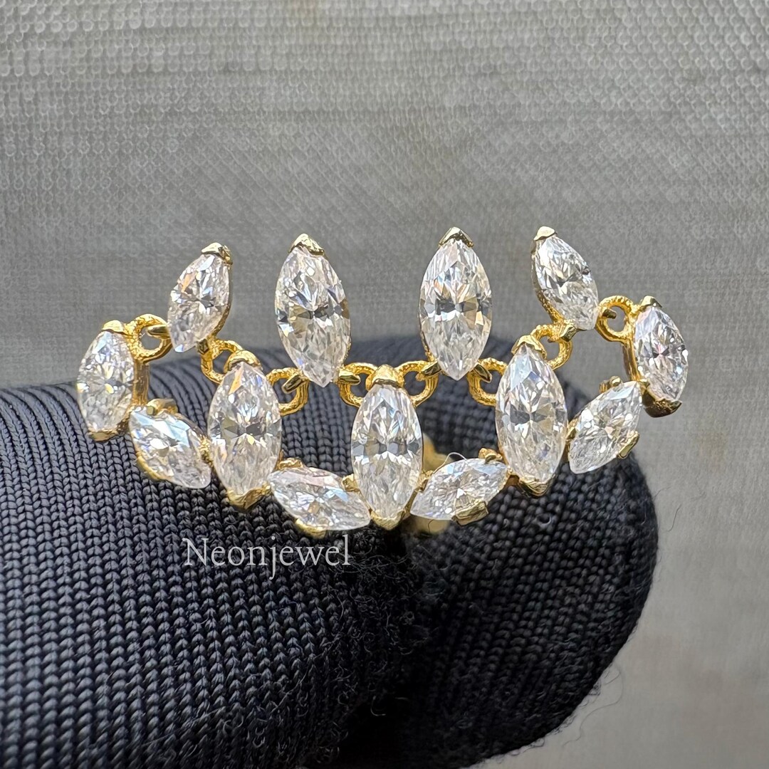 14K Solid Gold Leaf Ear Climber, Lab Grown Marquise Diamond Crawler ...