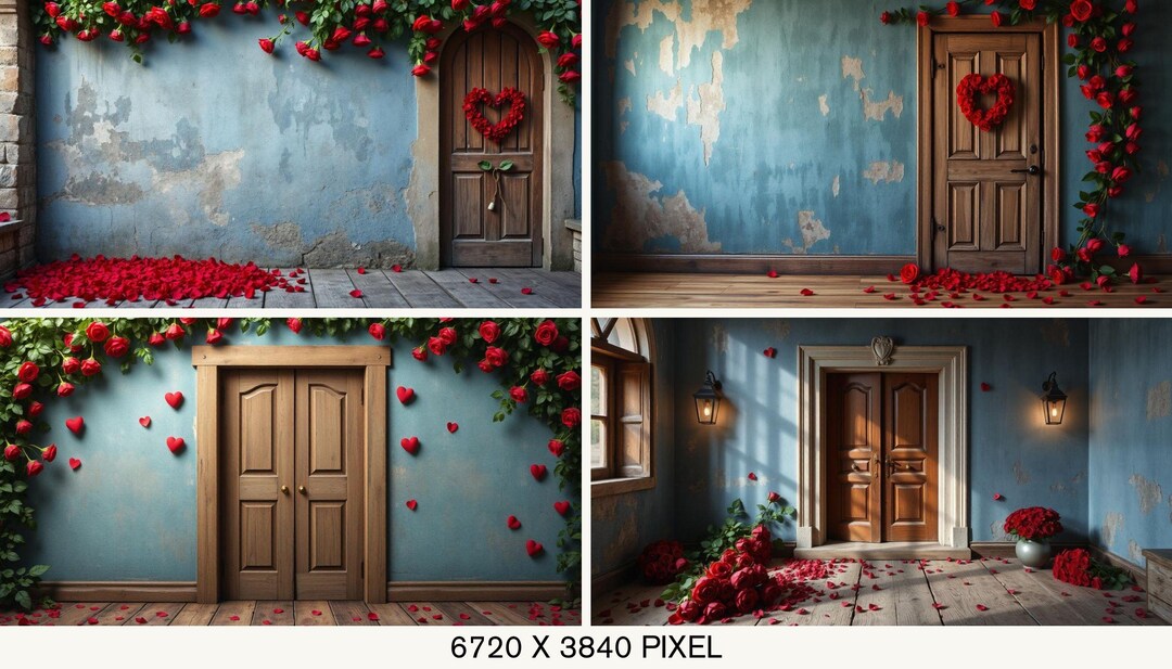 Rustic Romantic Photo Backdrop Set of 4 | Vintage Blue Door & Red Rose ...