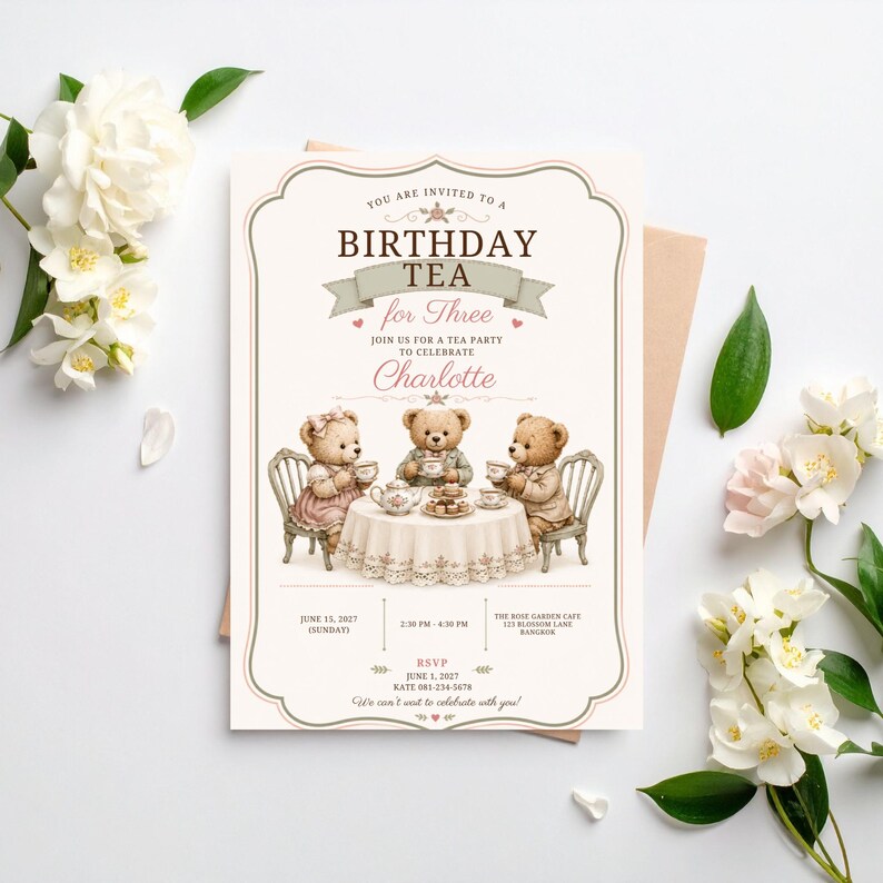 Teddy Bear Tea Party Invitation, Vintage Third Birthday Template ...