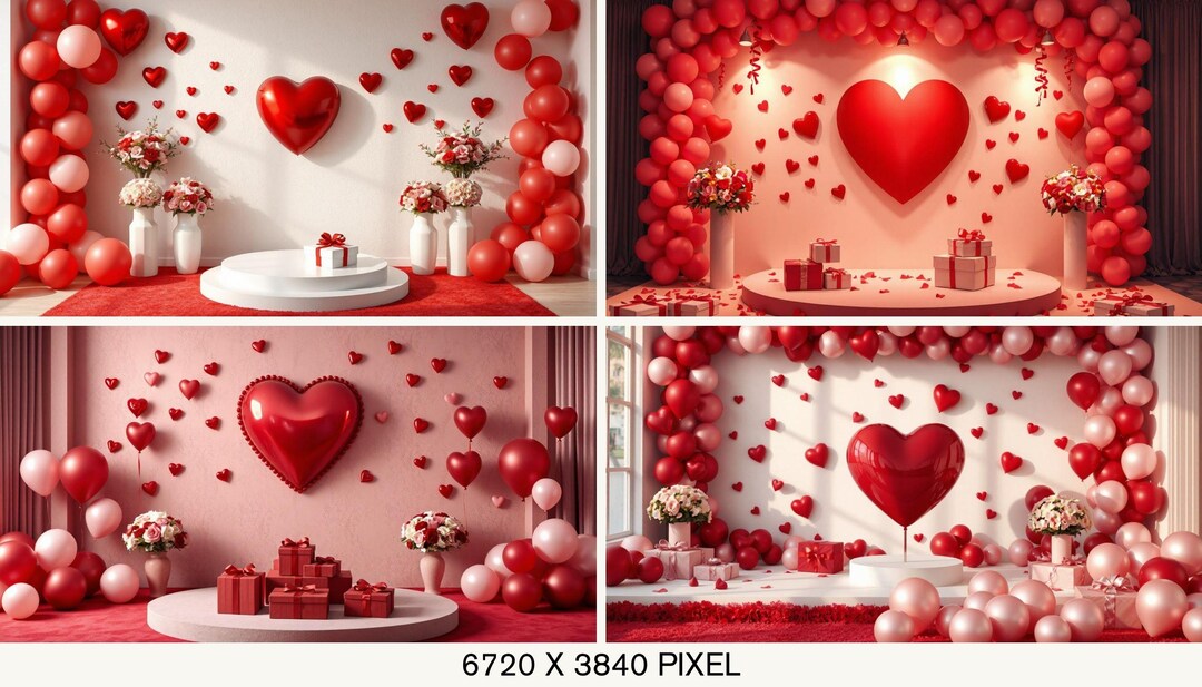 Grand Valentine Photo Backdrop Set of 4 | Luxury Red Heart Stage ...