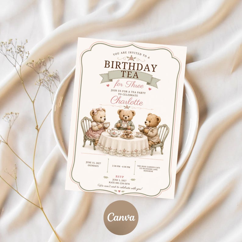 Teddy Bear Tea Party Invitation, Vintage Third Birthday Template ...
