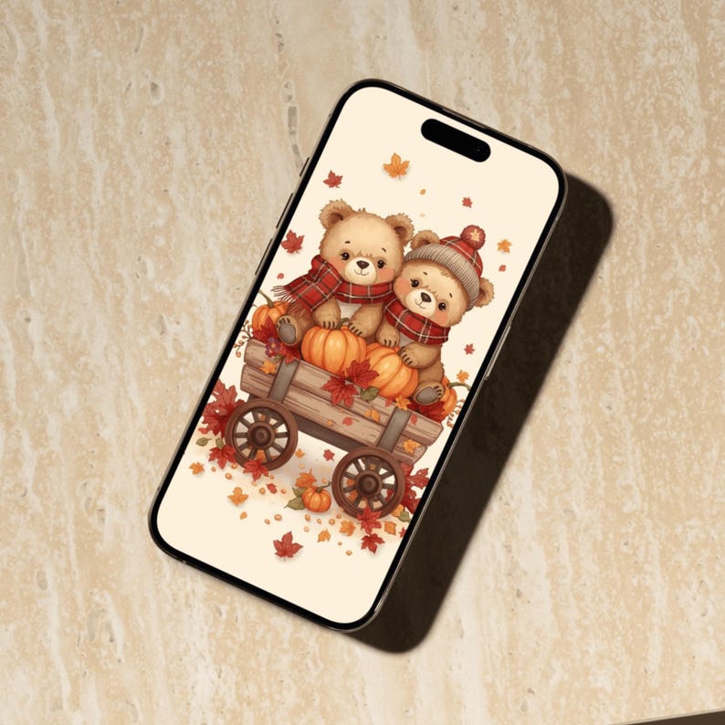 Cute Autumn Bear Pumpkin Patch Wallpaper Set | Cozy Fall Digital ...