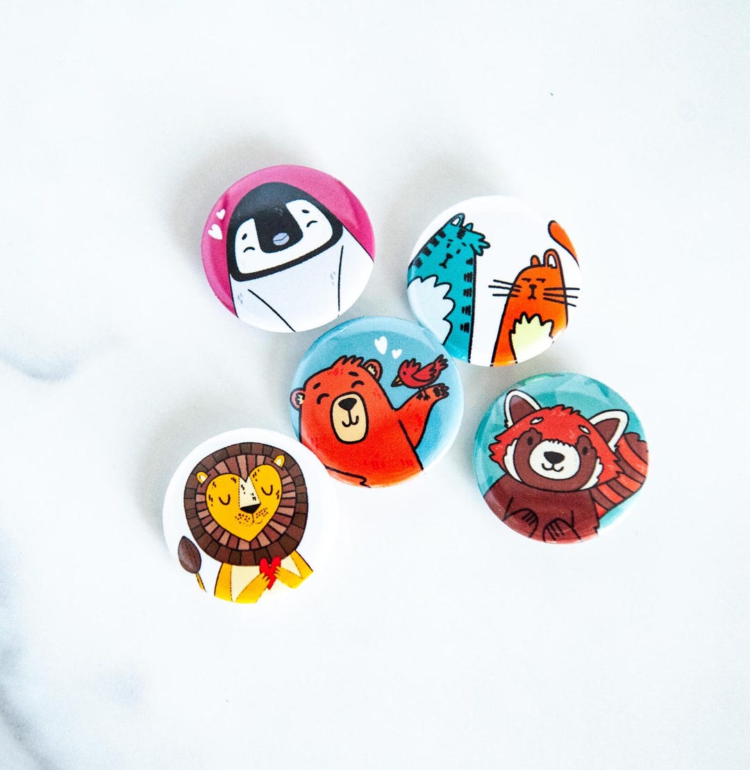 Illustrated Animal Button Badges | Adorable Animal Pins | Bear Buttons ...