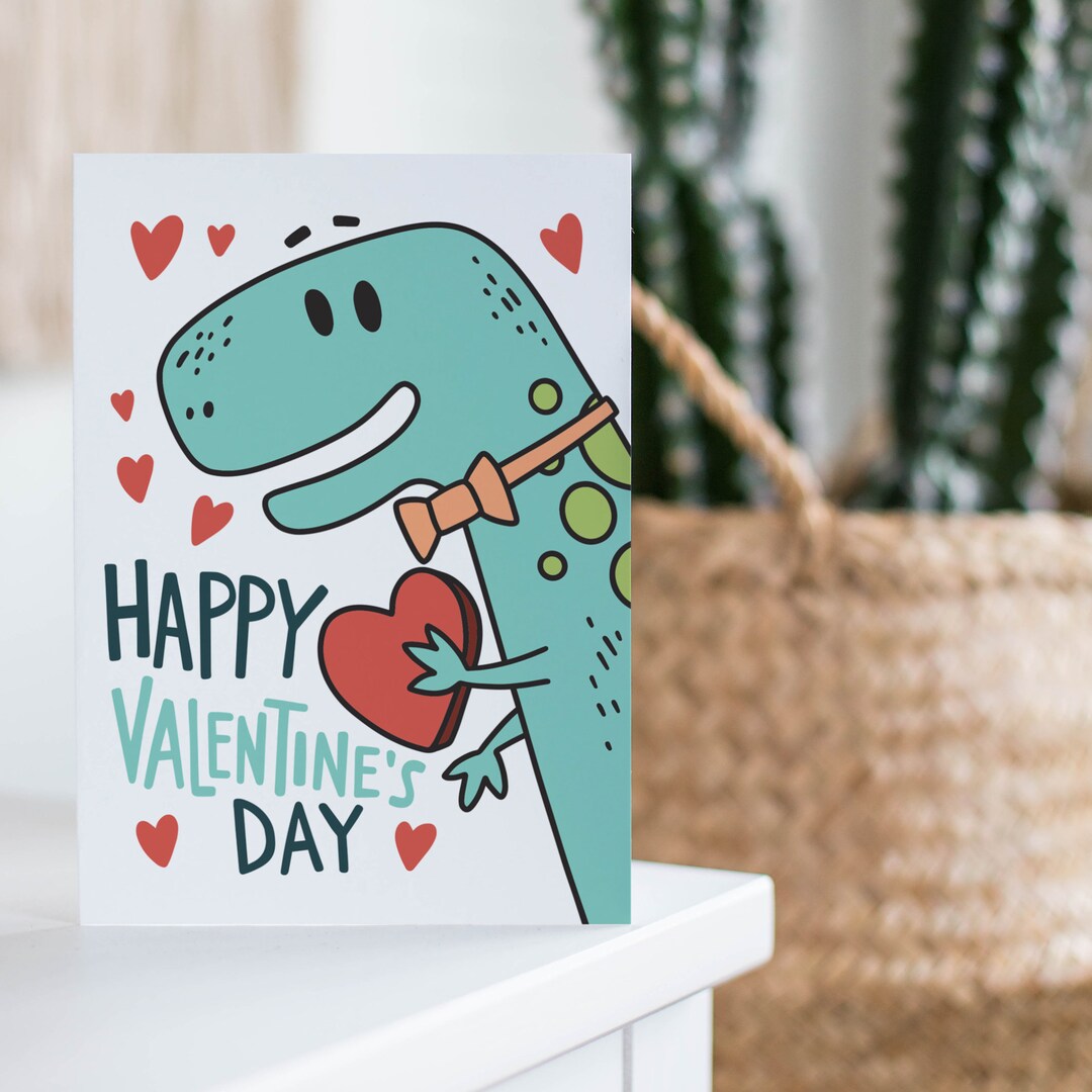 Dinosaur Happy Valentine's Day School Valentine | Dino Kids Valentines ...