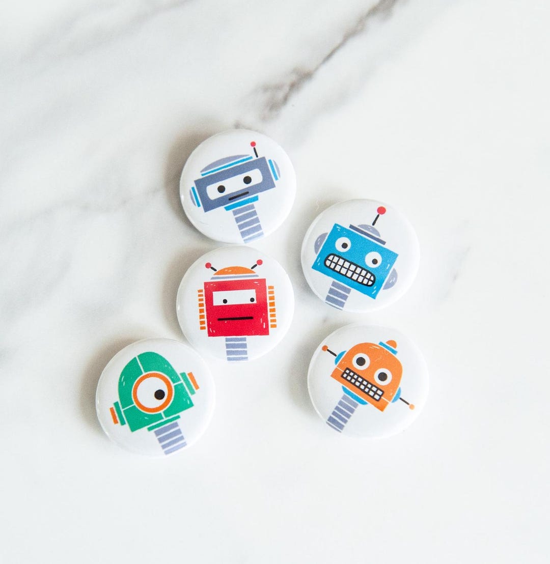 Robot Button Pins Set | Quirky Robot Pins | Robot Birthday Party Favors ...