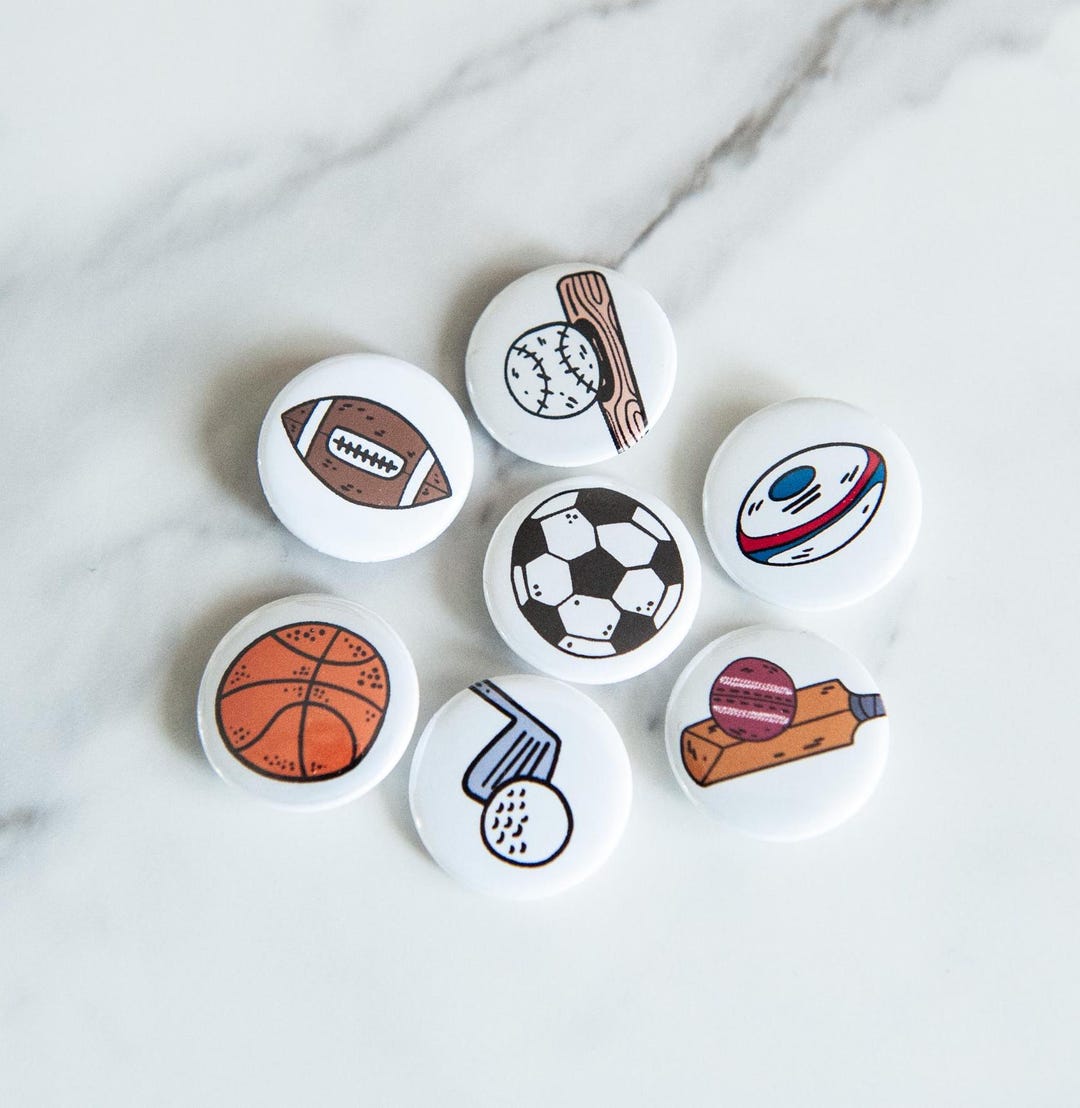 Sports Button Pins | Sports Birthday Party Favors | Sports Badge Set ...