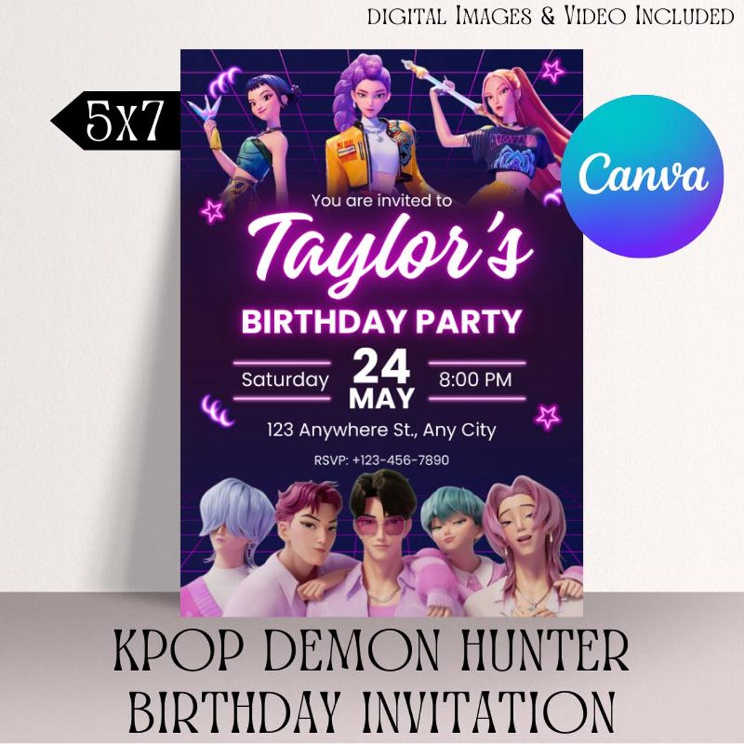 Kpop Demon Hunters Birthday Party Invitation With Video, Huntrix ...