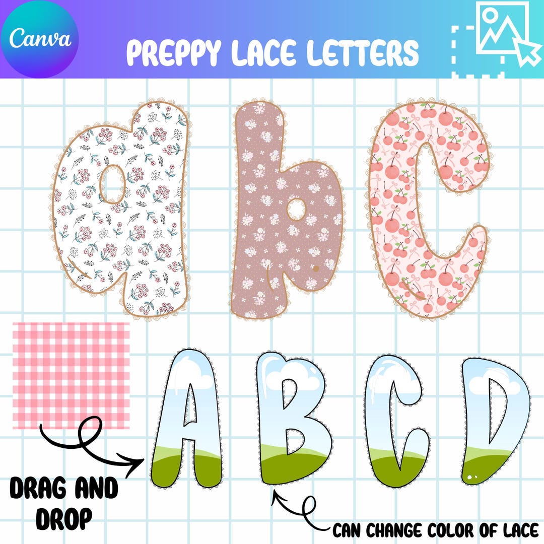 Preppy Lace Canva Alpha Template, Lace Border Alphabet, Canva Frame ...