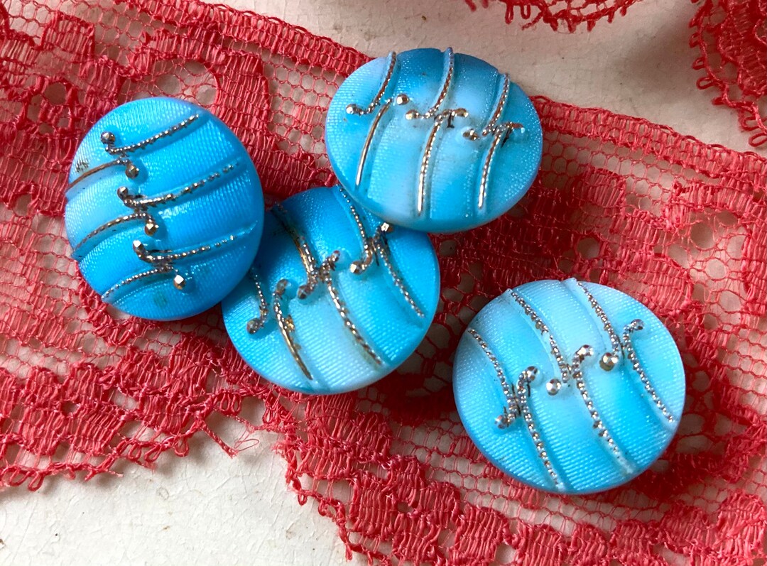 Set of 4 Antique Milky Blue Glass Buttons With Metallic - Etsy