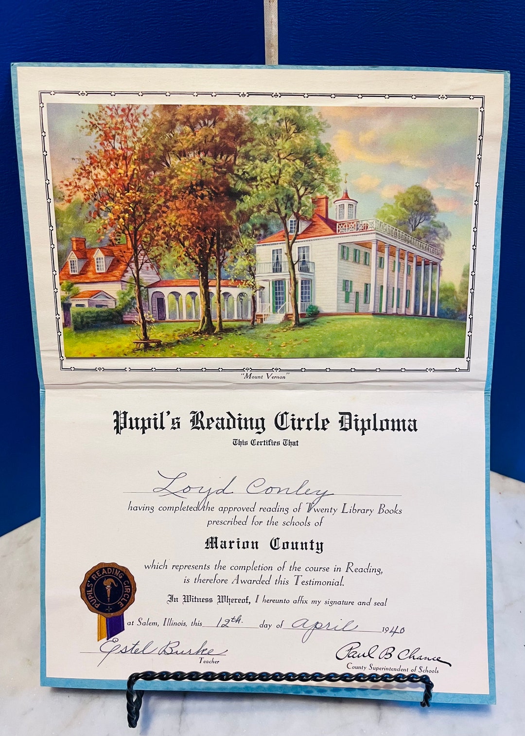 Original 1940 Reading Circle Diploma - Marion County Illinois - Vintage ...