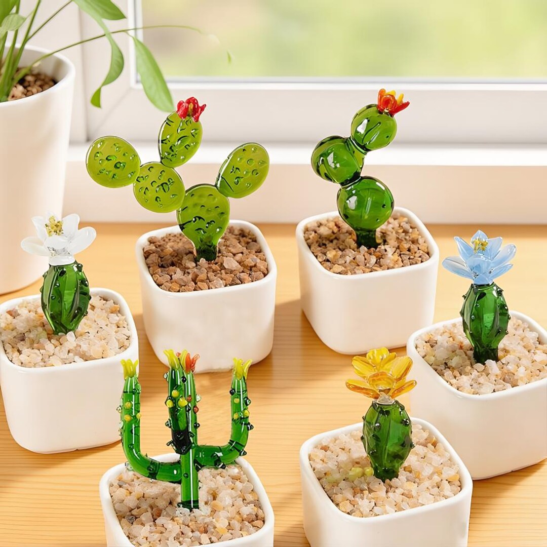 Glass Cactus Figurine, Hand Blown Plant, Handmade Glass Potted Plants ...