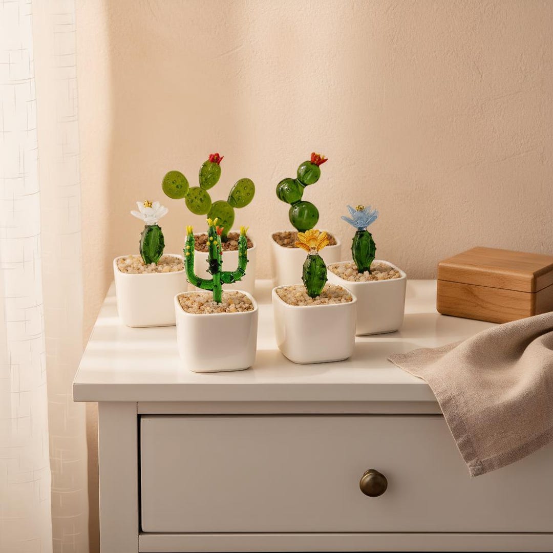 Glass Cactus Figurine, Hand Blown Plant, Handmade Glass Potted Plants ...