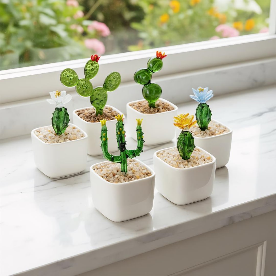 Glass Cactus Figurine, Hand Blown Plant, Handmade Glass Potted Plants ...