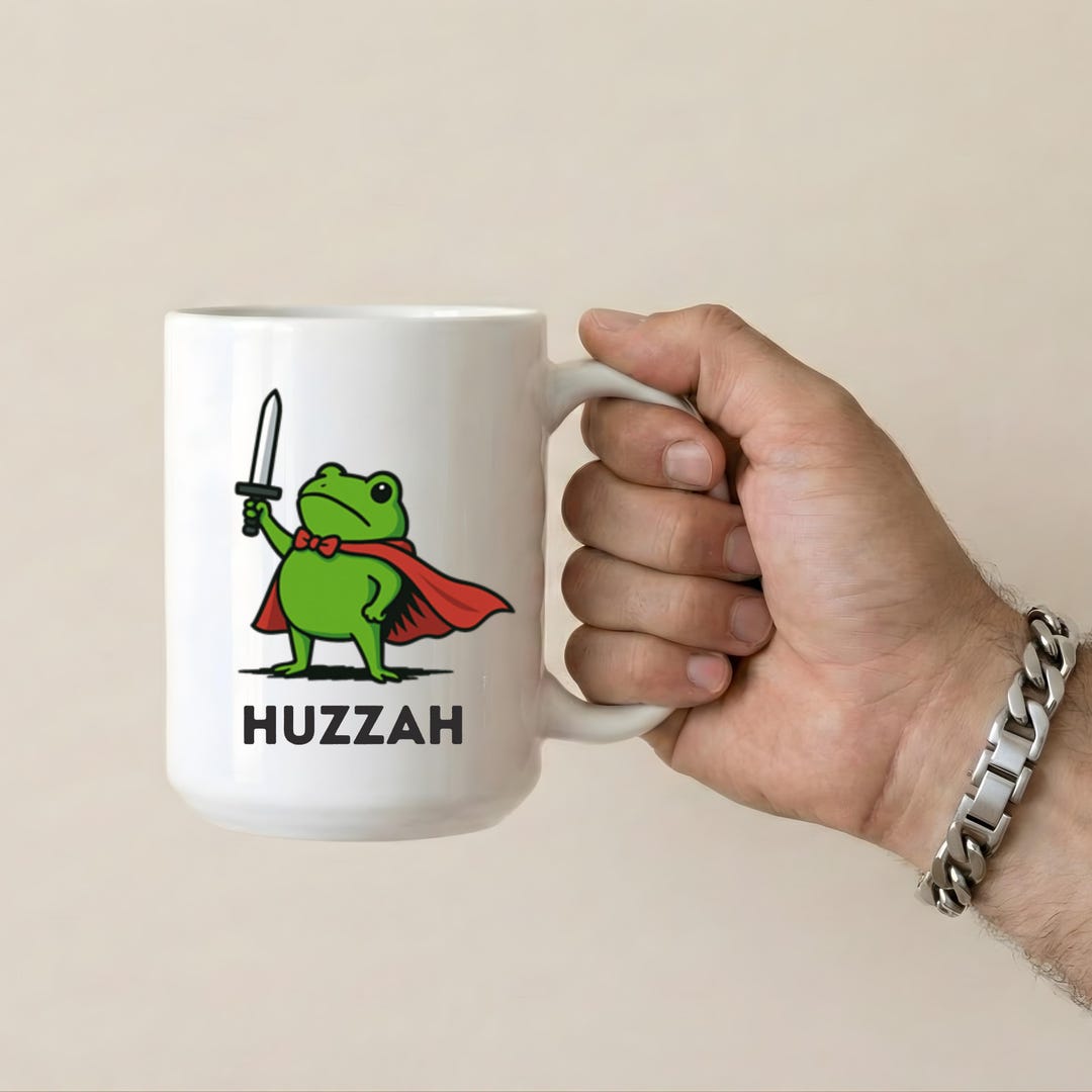 Huzzah Frog With Sword Mug, Medieval Frog Meme Coffee Mug, Whimsical ...