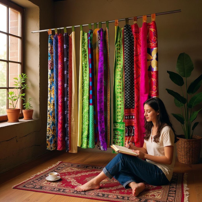 Tenda patchwork in seta indiana, drappeggi boho per finestre, pannello ...