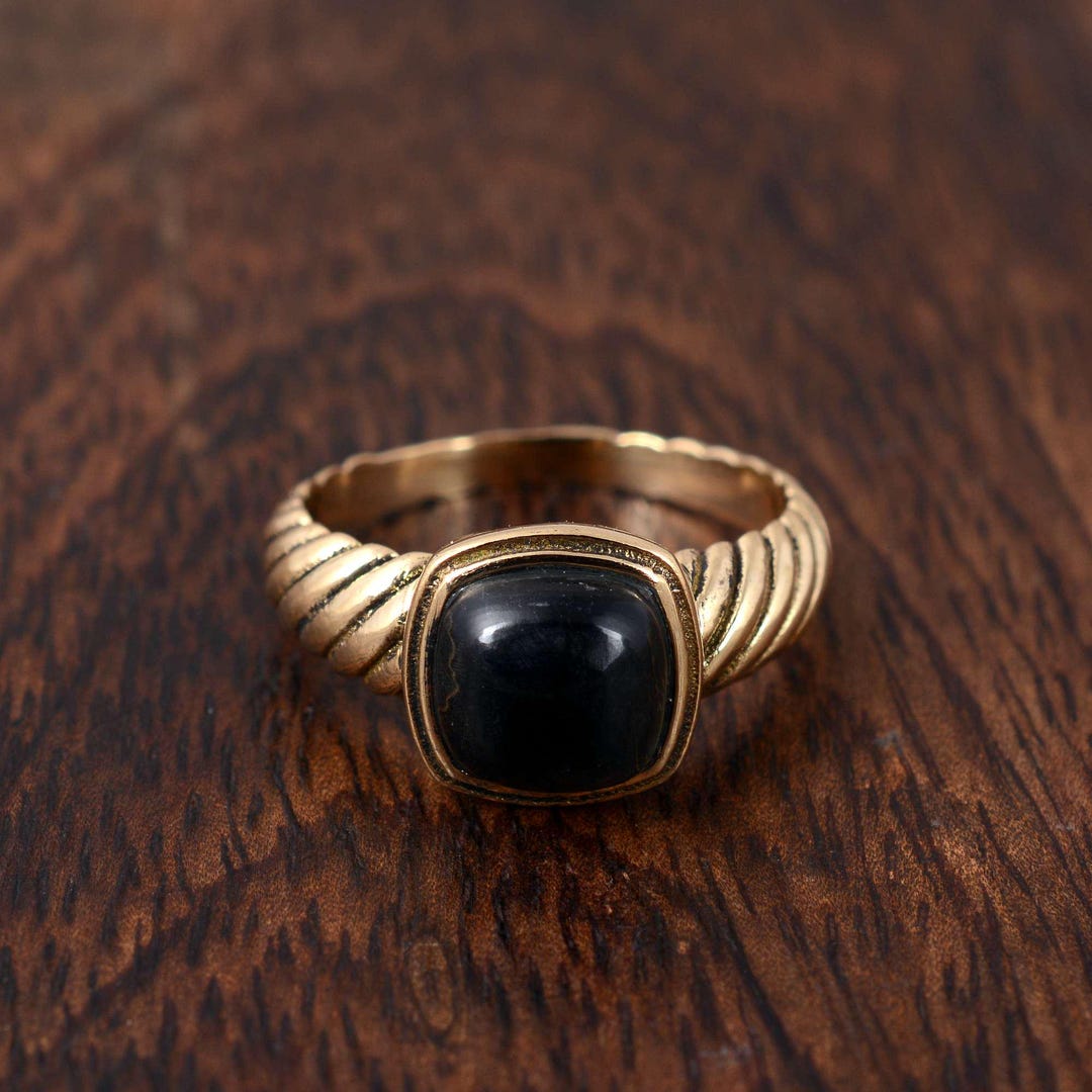 Vintage Brass Gemstone Ring, Boho Chic Black Stone Jewelry, Handcrafted ...