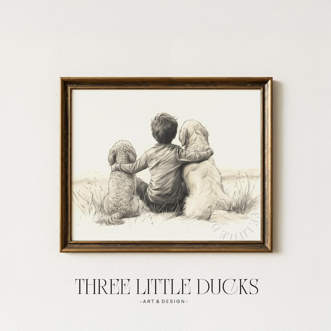 Boy and Two Dogs Art Sketch Print - Puppy Dog Drawing, Dog Lovers Gift ...