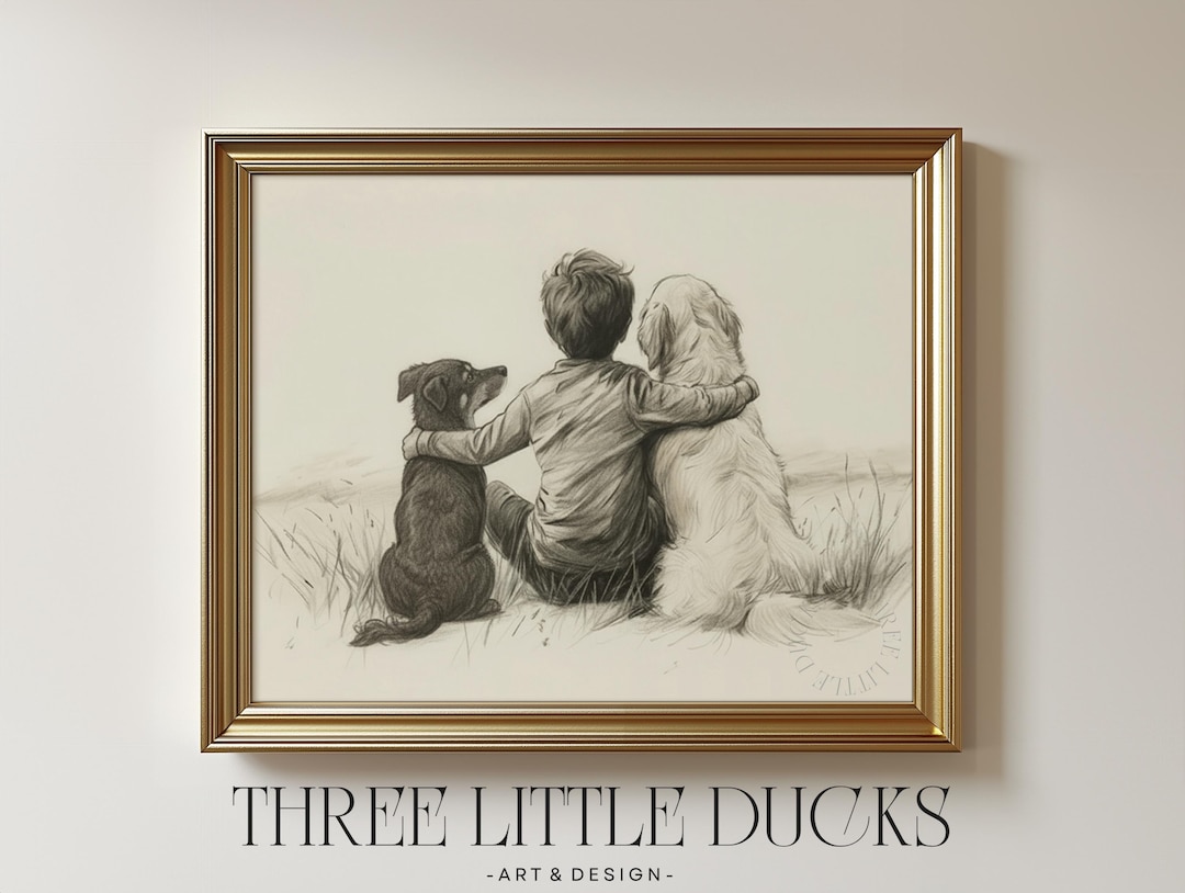 Boy and Two Dogs Art Sketch Print - Puppy Dog Drawing, Dog Lovers Gift ...