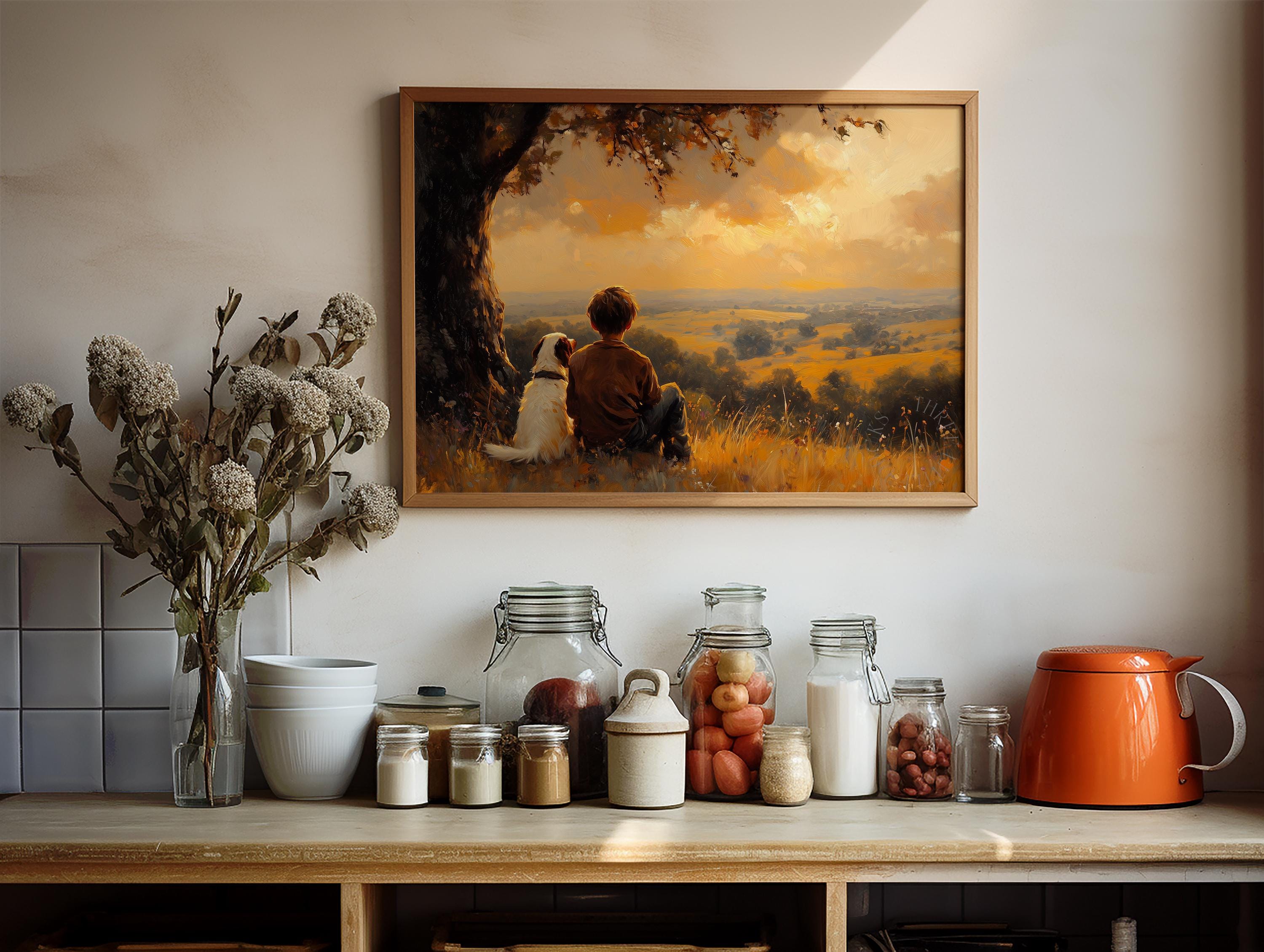 Autumn Sunset Landscape With Boy and Collie - Rustic Printable Wall Art ...