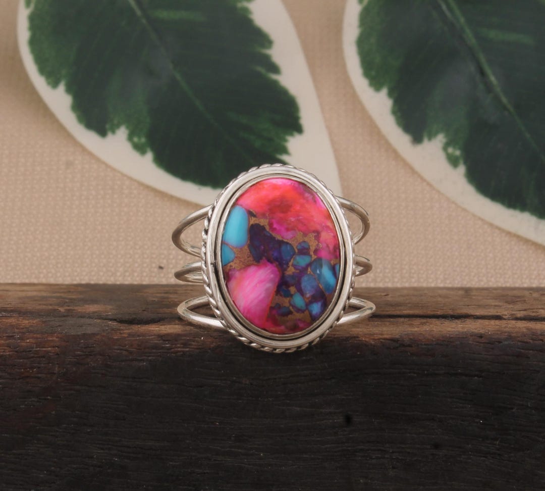 Pink Spiny Oyster & Turquoise Ring: Sterling Silver Boho Statement ...