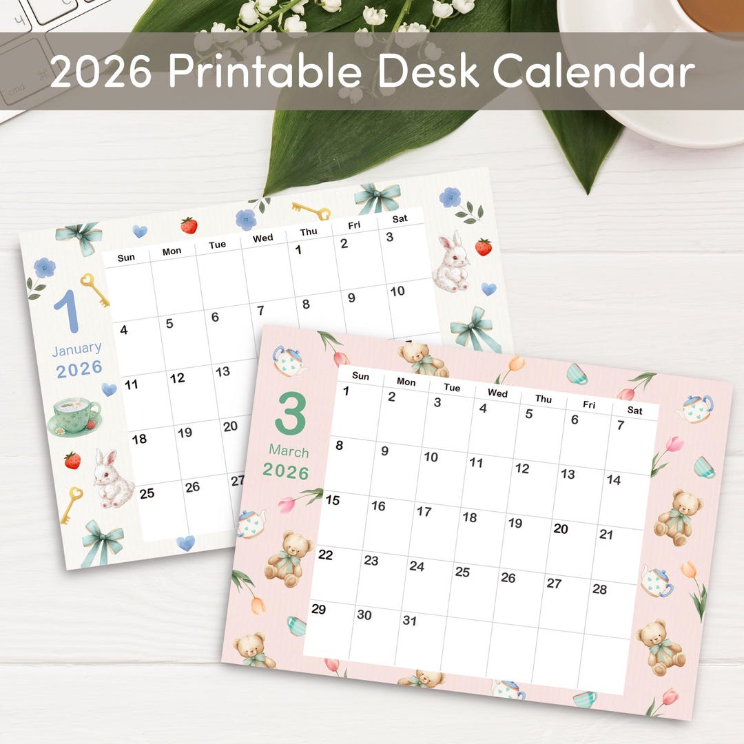 2026 Printable Desk Calendar, Cute 12 Month Calendar, Digital Download ...