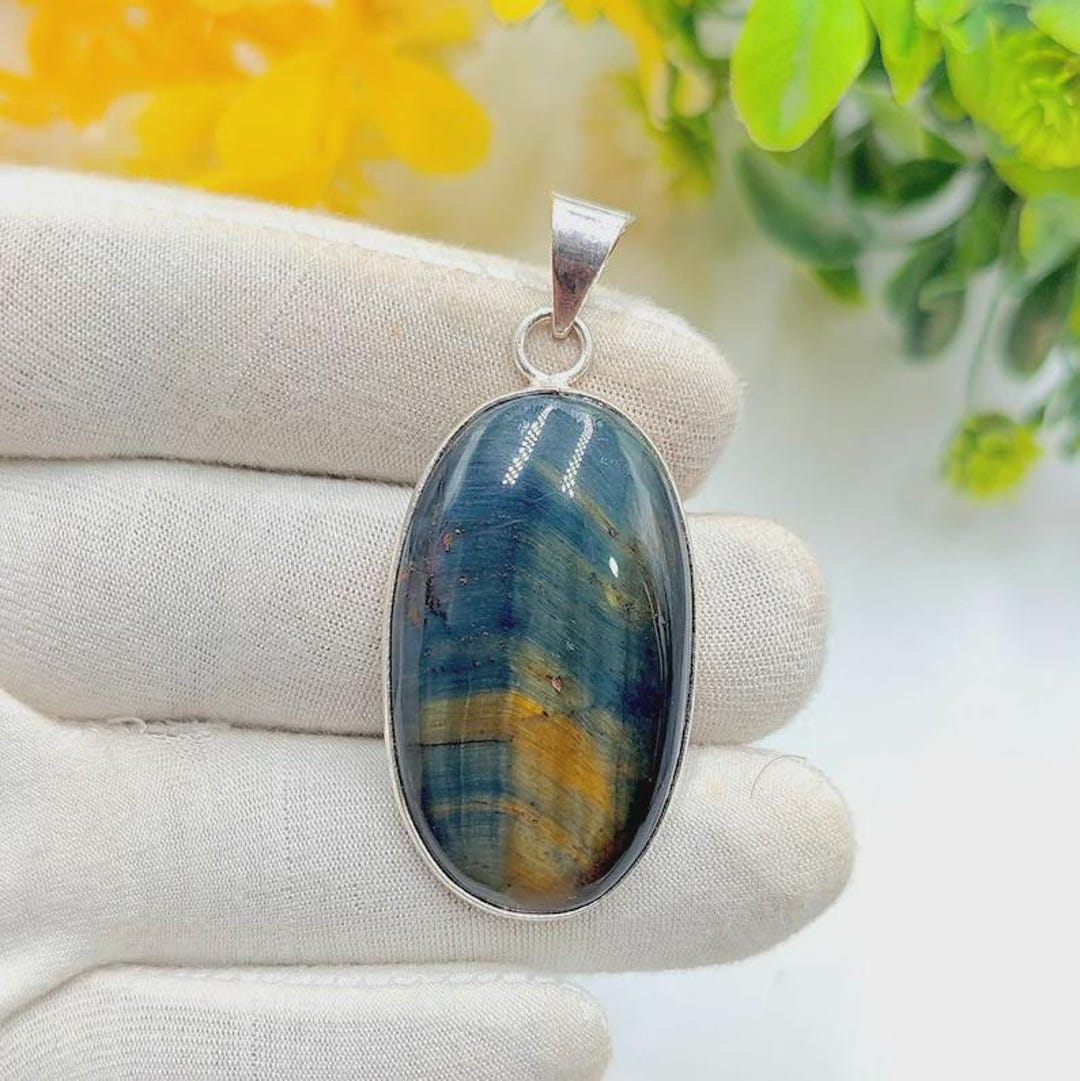 Blue Tiger Eye Gemstone Pendant 92.5 Sterling Silver Jewelry Handmade ...