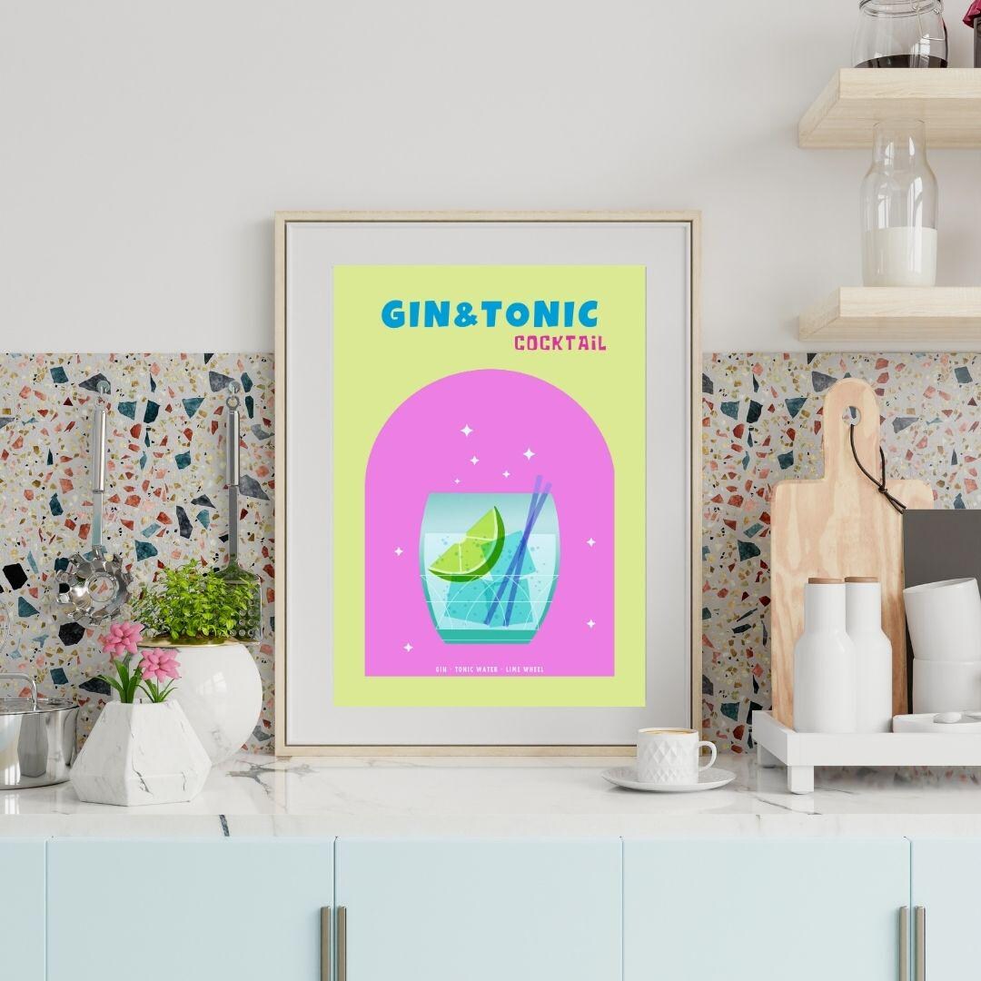 Gin & Tonic | Fun Retro Kitchen Art | Digital Download | Bar Cart Decor ...