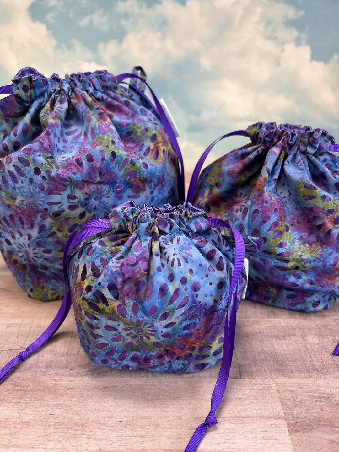 Single Sack Project Bags in Purple Assorted Batik in Multiple Sizes ...