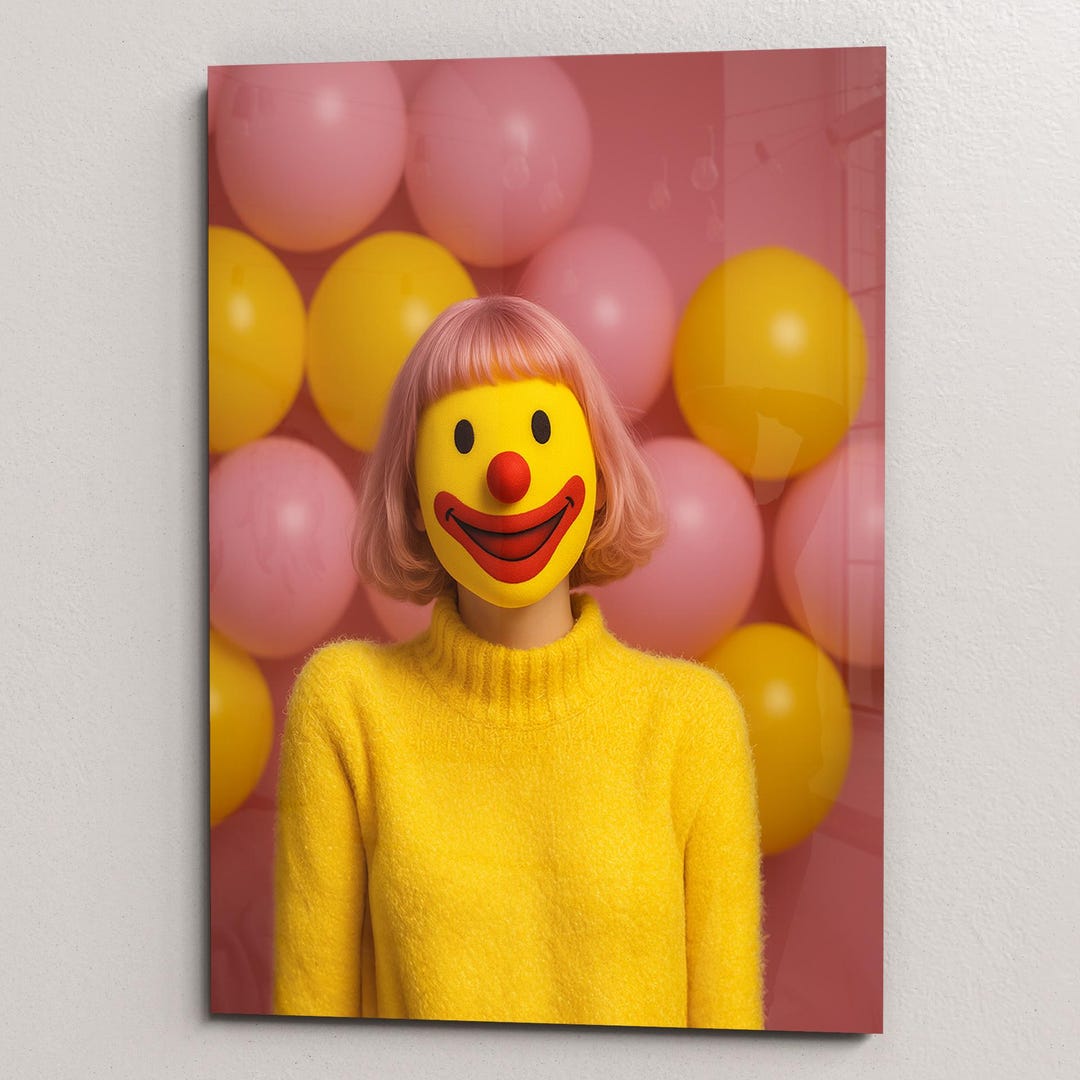 Uv Glass Wall Decor, Colorful Clown Mask Woman Glass Wall Art, Surreal ...