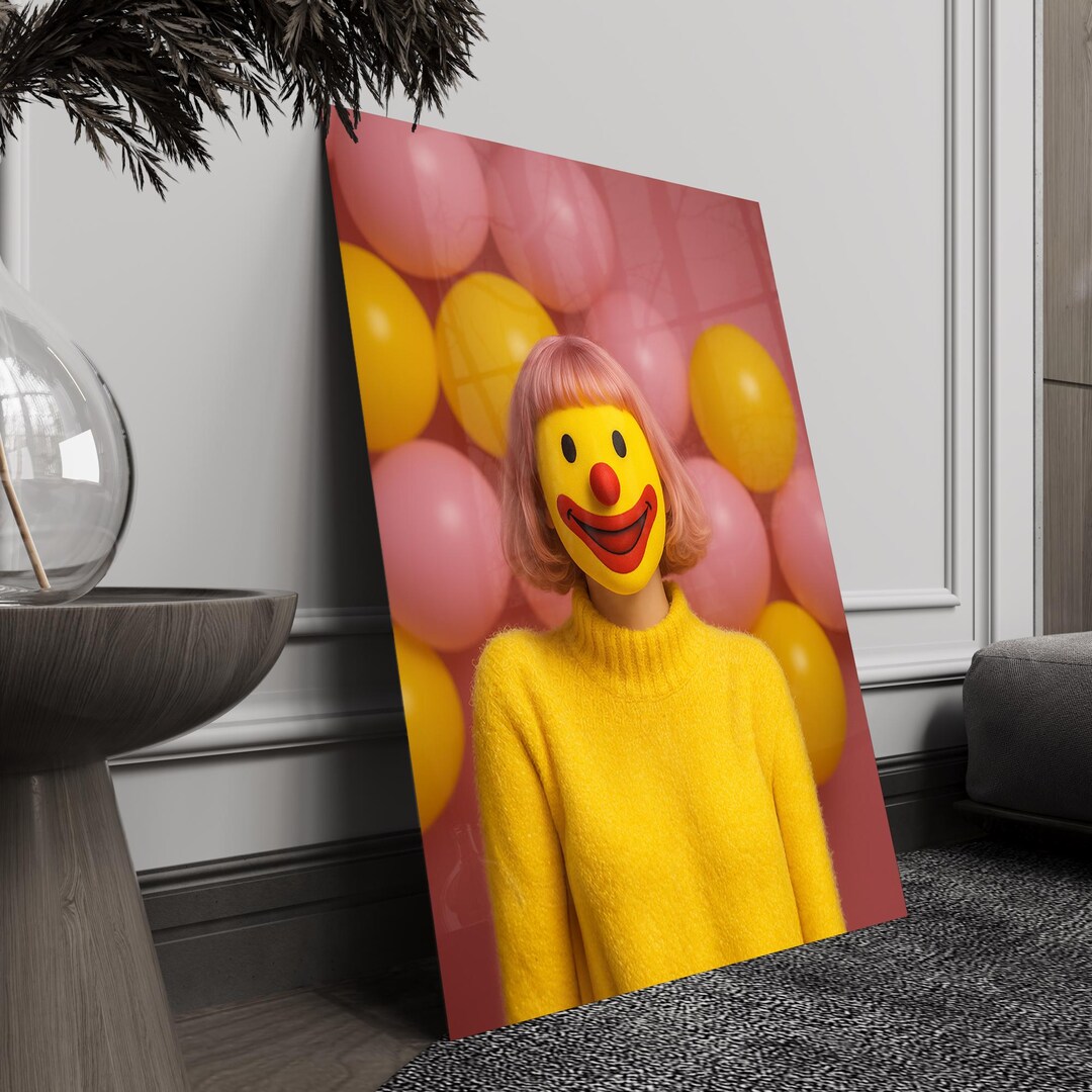 Colorful Clown Mask Woman Glass Wall Art, Surreal Tempered Glass ...