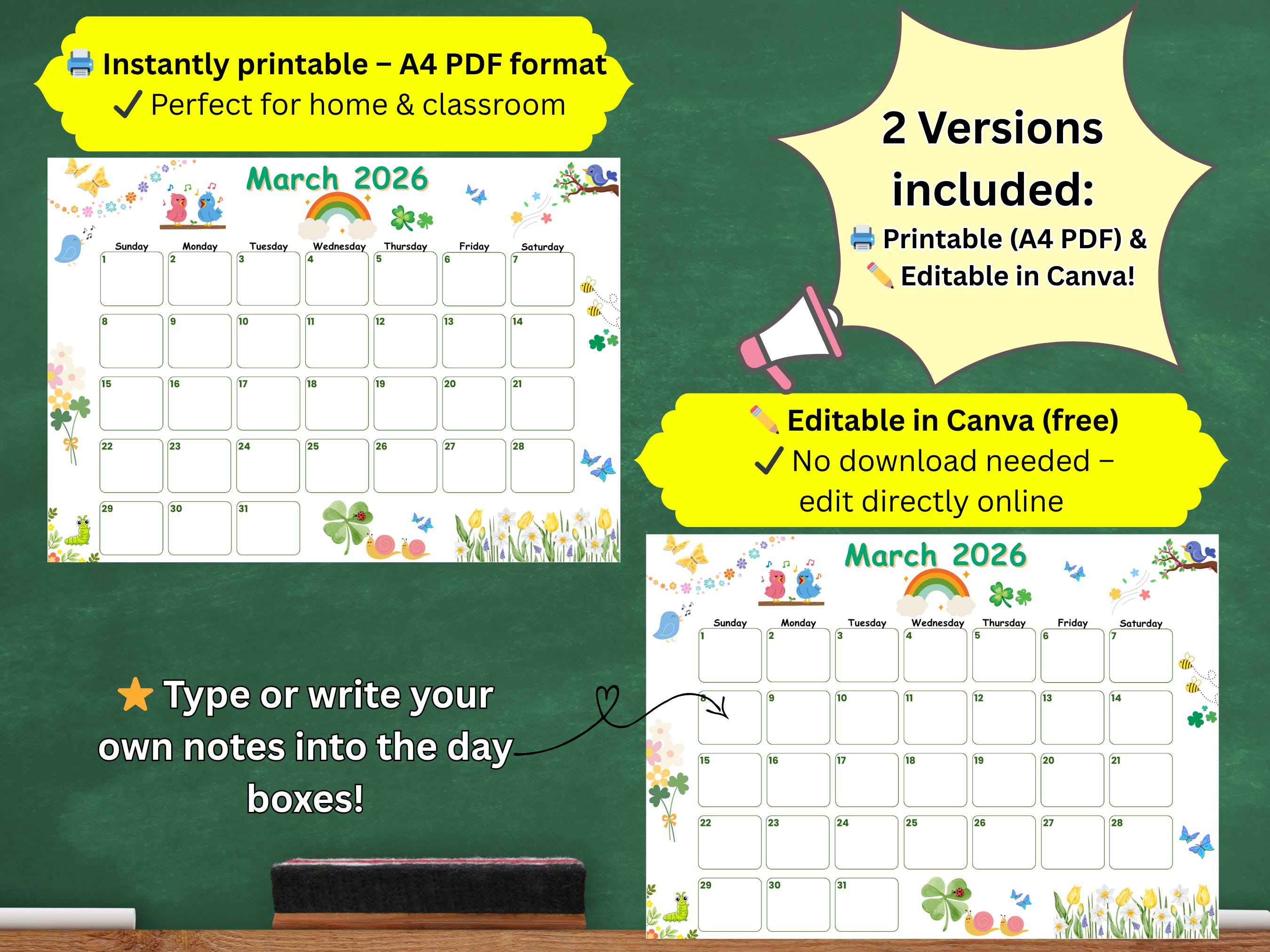 2026 Kids Calendar – Editable and Printable Monthly A4 PDF | Fun School ...