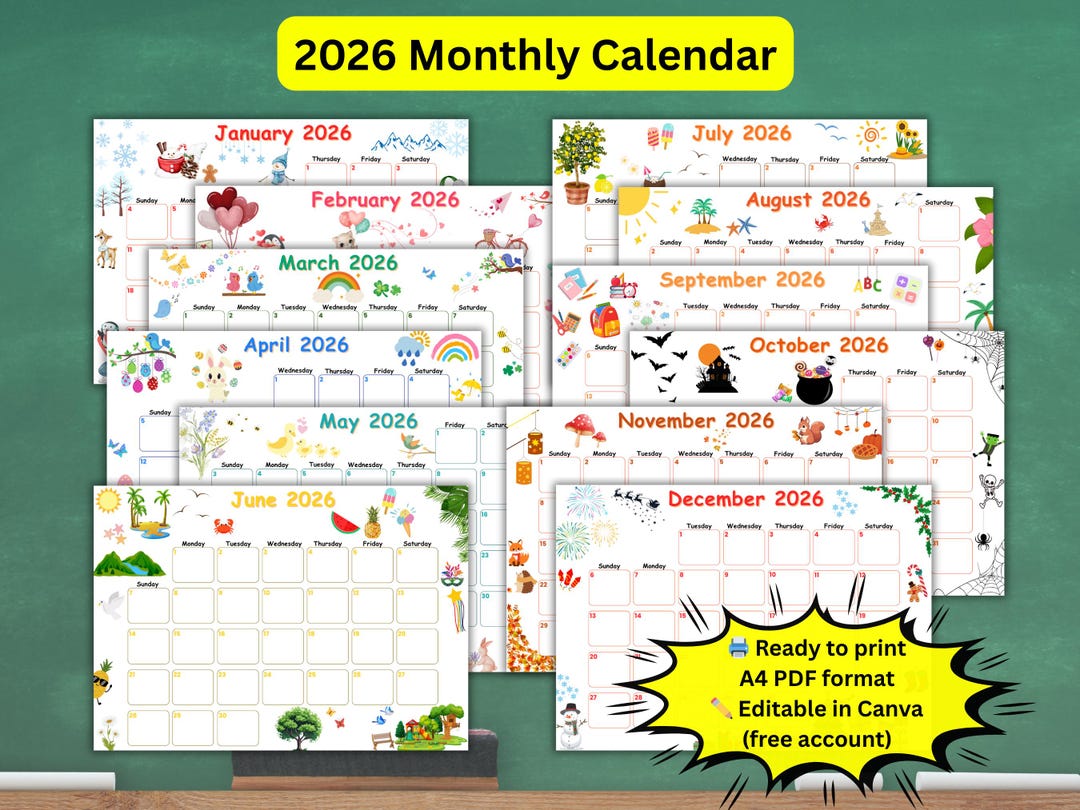 2026 Kids Calendar – Editable and Printable Monthly A4 PDF | Fun School ...