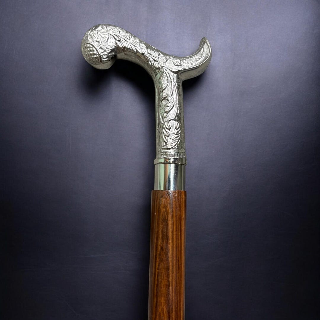 Vintage Brass Walking Cane - Engraved Handle, Wooden Foldable Travel ...