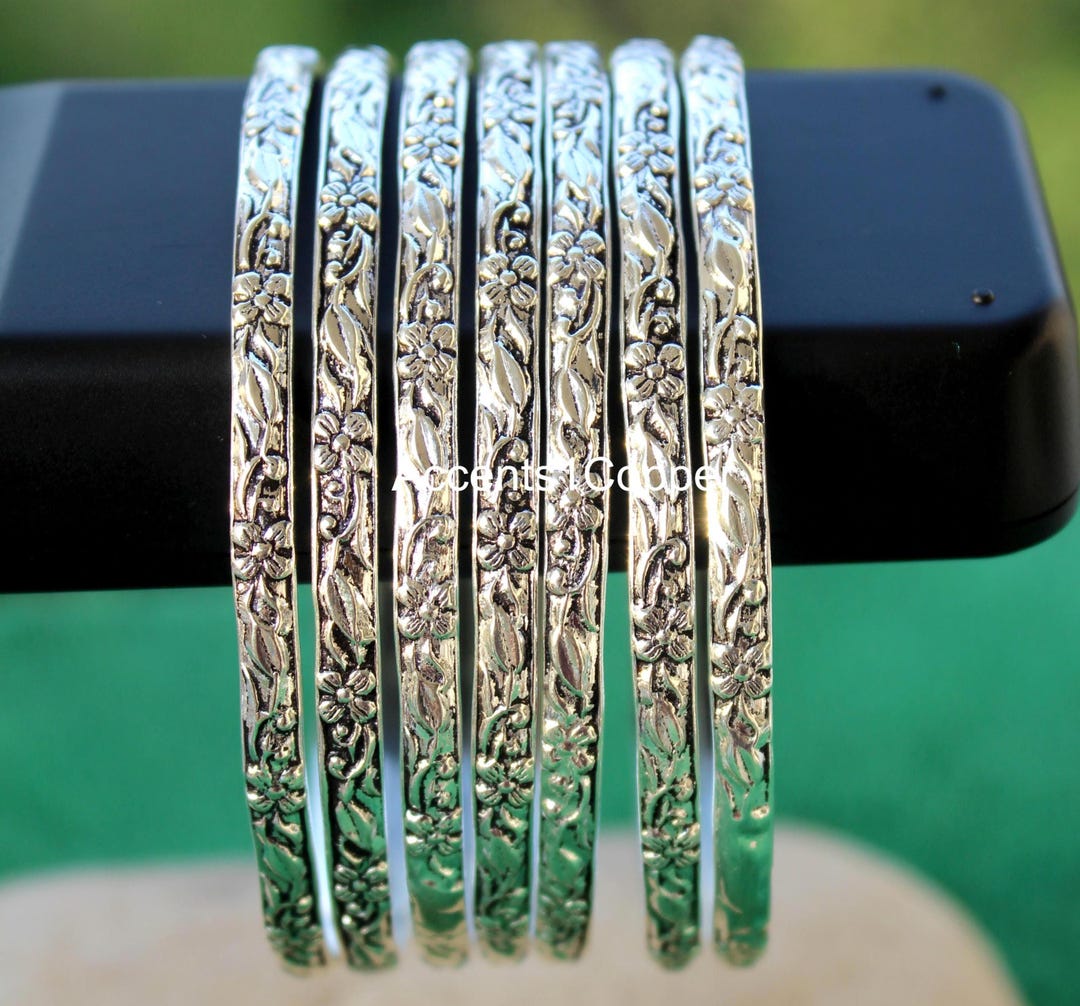 Sterling Silver Bangle Set of 7, Oxidized Engraved Stackable Bangles ...